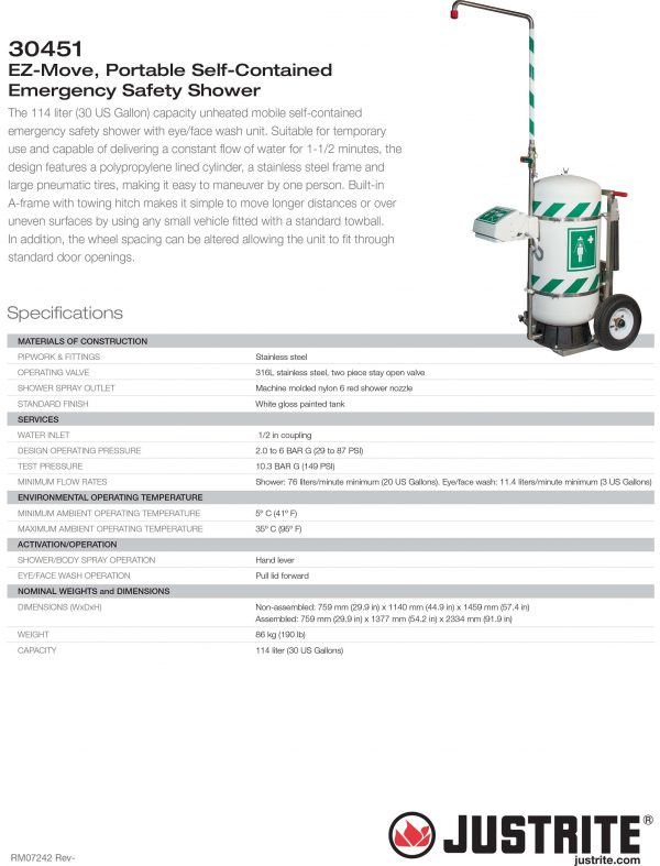 JUSTRITE 30451 EZ-Move, Portable Self-Contained Emergency Safety Shower ...