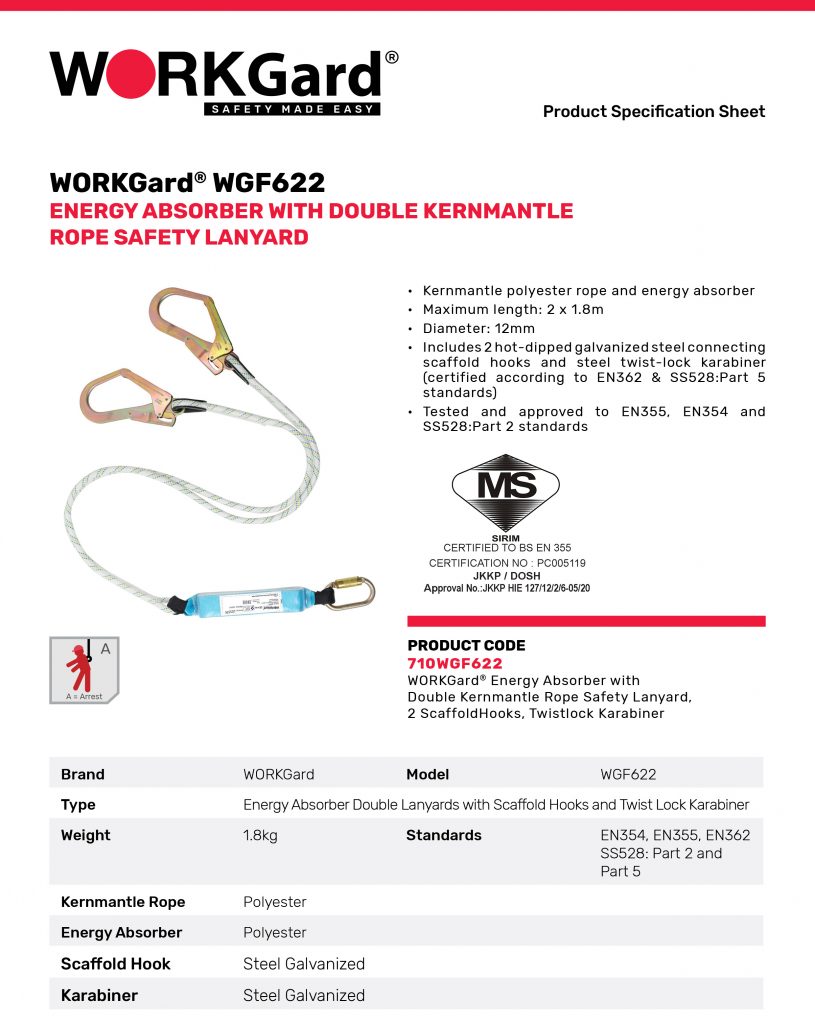 WORKGard Energy Absorber Double Lanyards with Scaffold Hooks and Twist ...